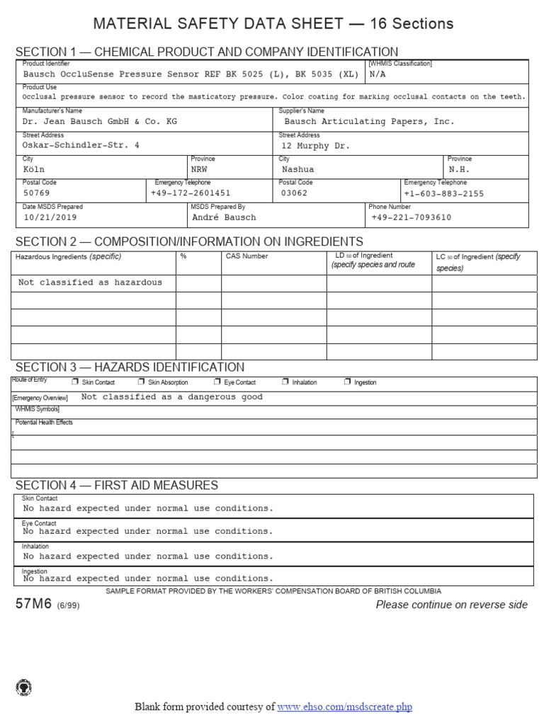 OccluSense-Sensors-Material-Safety-Data-Sheet | PDF | Toxicity | Hazards