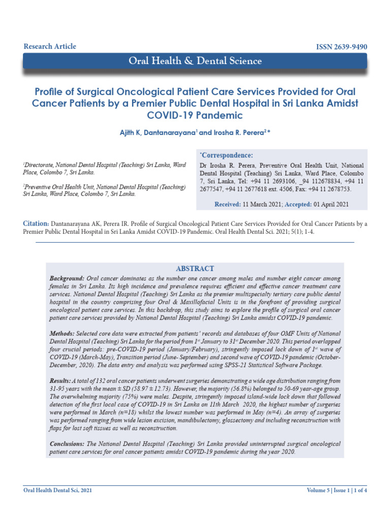 Profile of Surgical Oncological Patient Care Services Provided For Oral ...