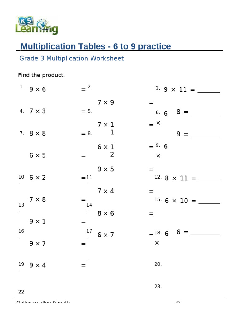 Grade 3 Multiplication Table 6to9 A | PDF | Mathematics | Multiplication