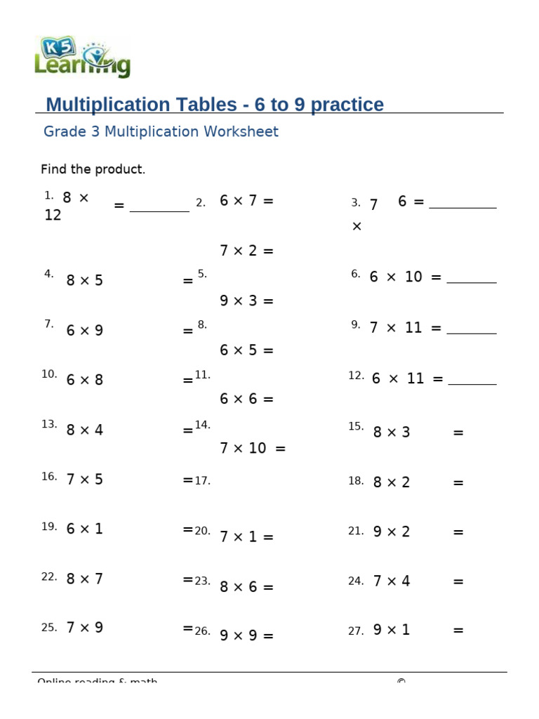 Grade 3 Multiplication Table 6to9 D | PDF | Mathematics