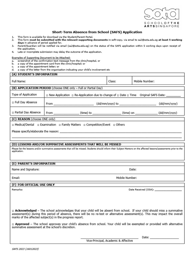 Short-Term Absence From School Application Form | PDF | Career & Growth