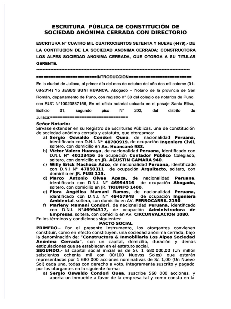 PDF Escritura de Constitucion de Sociedad Anonima Cerrada Con Directorio - Compress | PDF