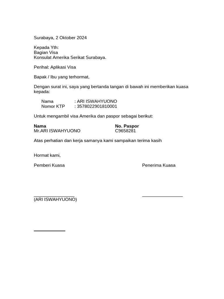 Surat Kuasa Pengambilan Visa Amerika | PDF