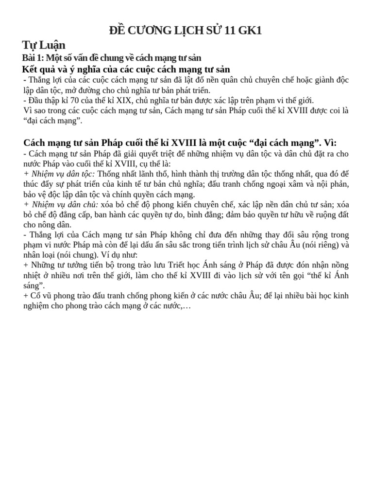 ĐỀ CƯƠNG LỊCH SỬ 11 GK1 | PDF