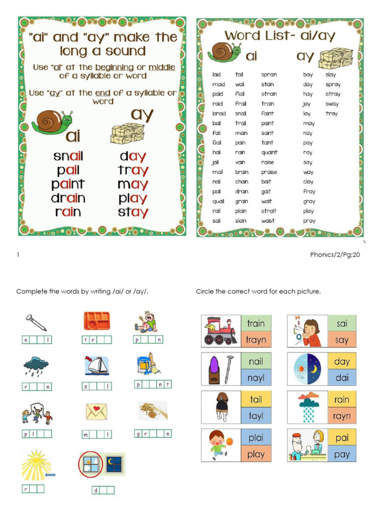 Phonics Activities for /ai/ and /ay/ | PDF | Language Arts & Discipline