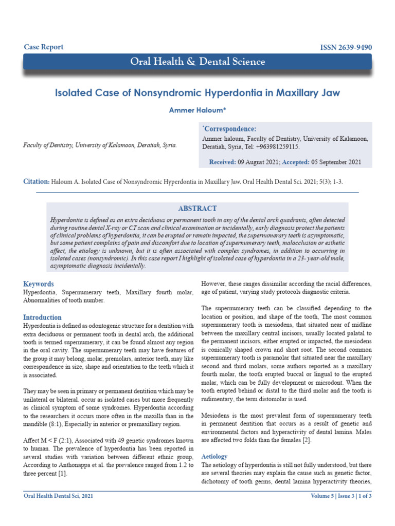 Isolated Case of Nonsyndromic Hyperdontia in Maxillary Jaw | PDF ...