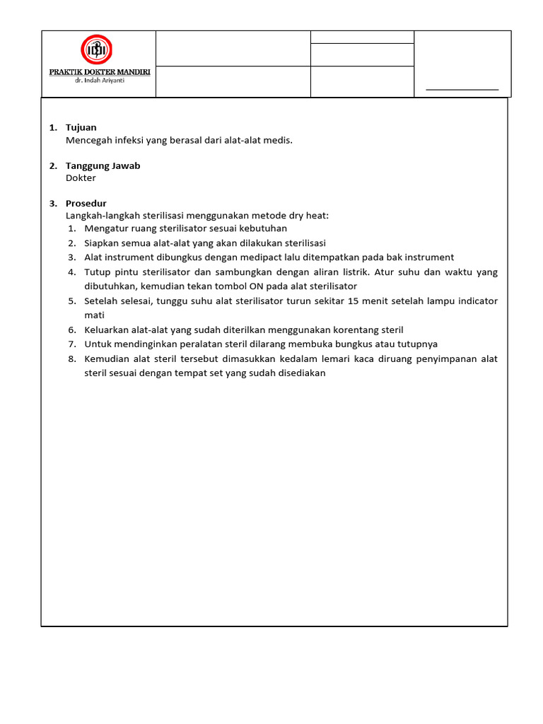 Sop Sterilisasi Alat | PDF