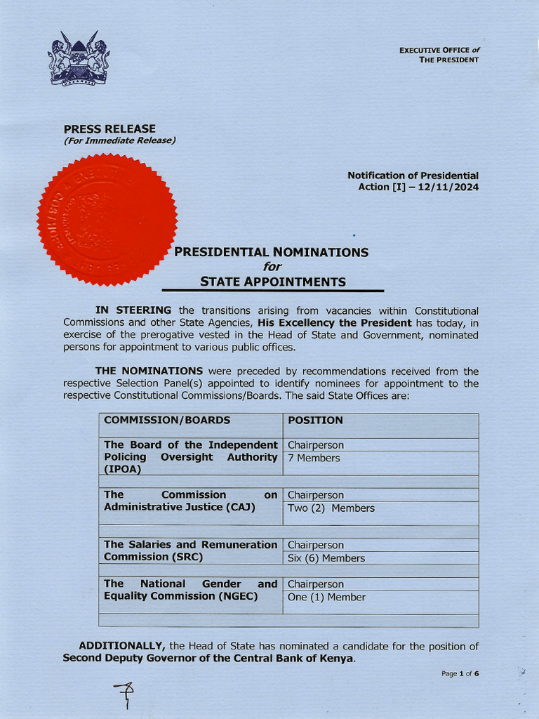 Presidential Nominations For State Appointments - 12.11. 2024 | PDF