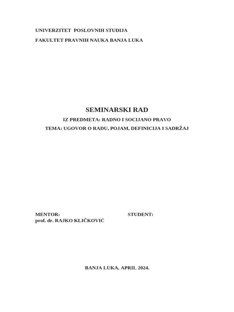 Seminarski Rad Radno I Socijalno Pravo | PDF