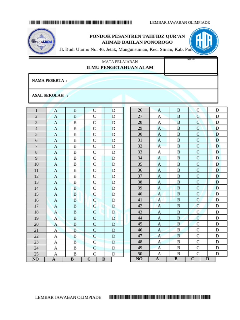 Lembar - Jawaban - Sains Ahda Competiton | PDF