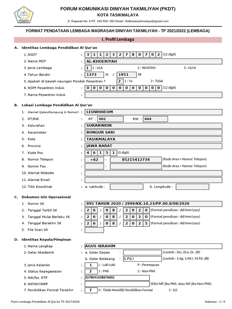 Form Pendataan Madrasah 2021 | PDF