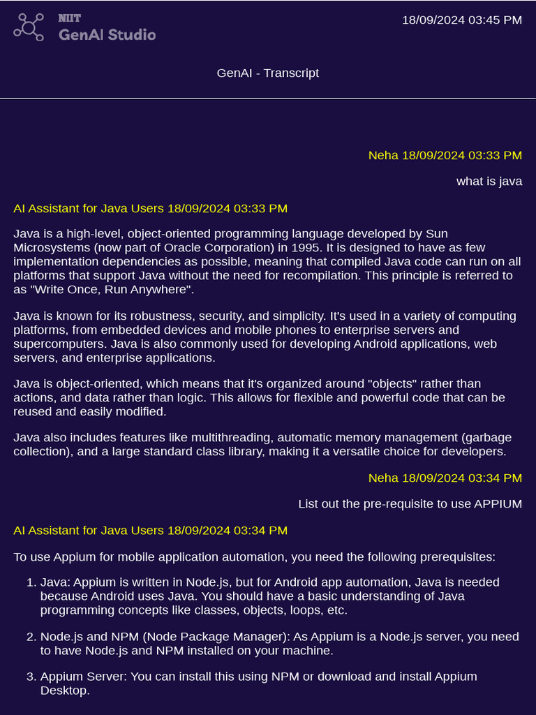 Chat-History - Neha - Singh11@niitmts - Com-20240918101548 | PDF | Java (Programming Language ...