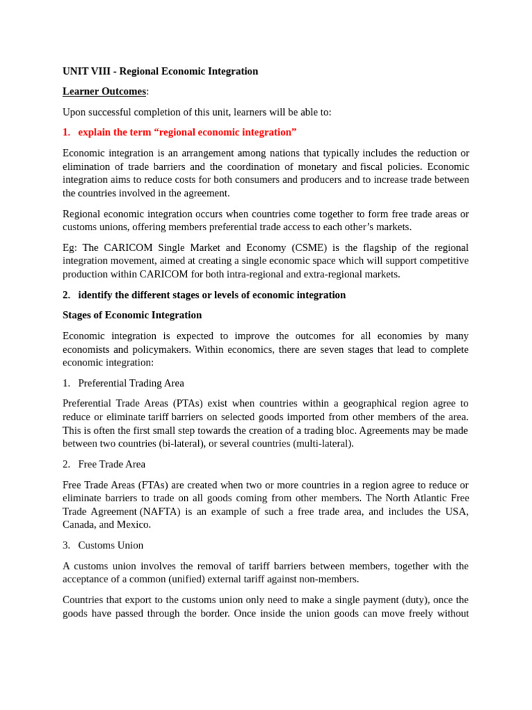 UNIT 8-Regional Economic Integration | PDF | Economic Integration | Single Market