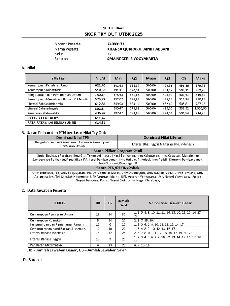 Skor Try Out UTBK 2025: Analisis dan Rekomendasi | PDF