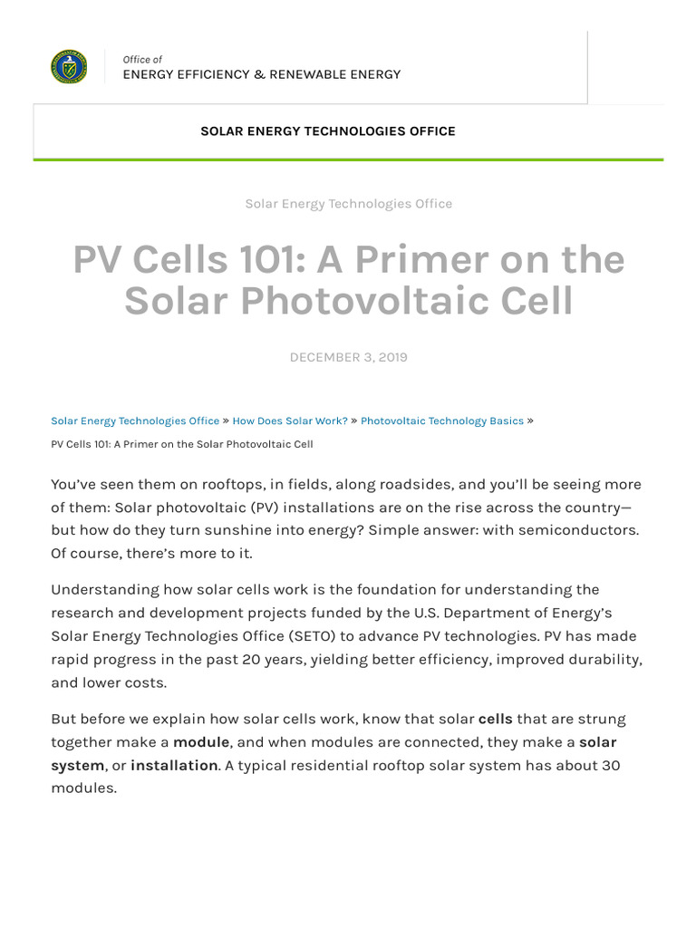 PV Cells 101 - A Primer On The Solar Photovoltaic Cell - DoE | PDF | Photovoltaics | Solar Cell