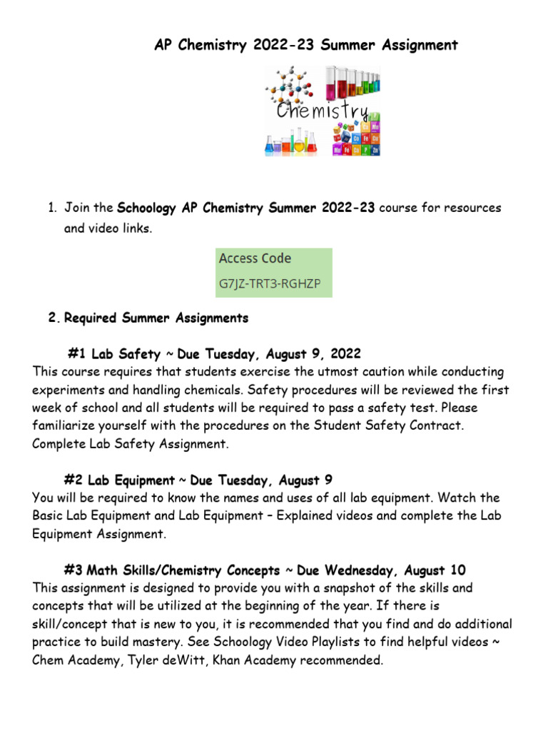 High schoolAP - Chemistry - Summer - Assignment - 2022-2023 | PDF