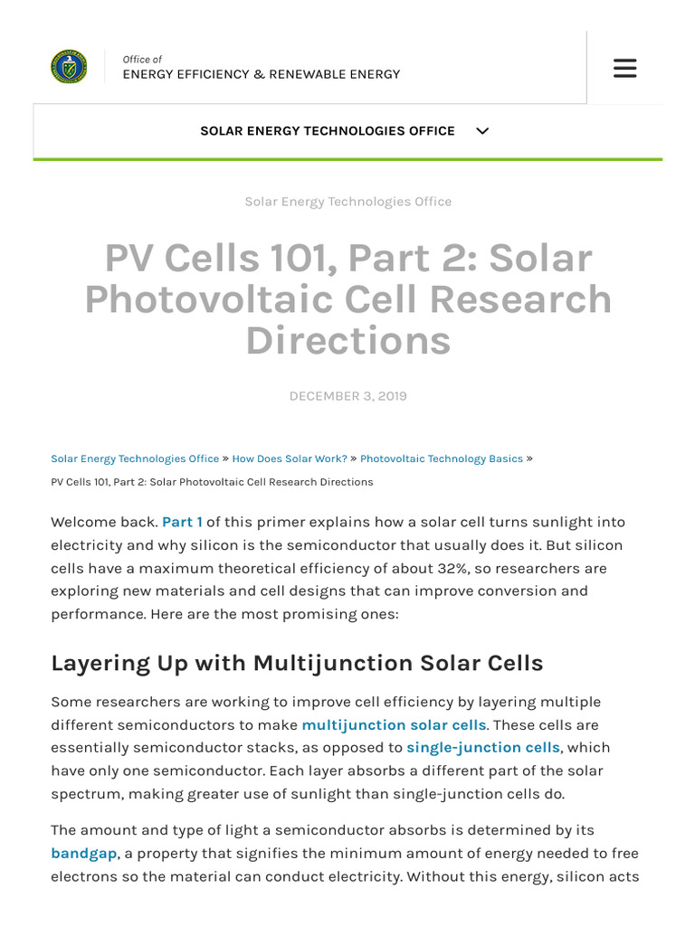 PV Cells 101, Part 2 - Solar Photovoltaic Cell Research Directions - Department of Energy | PDF ...
