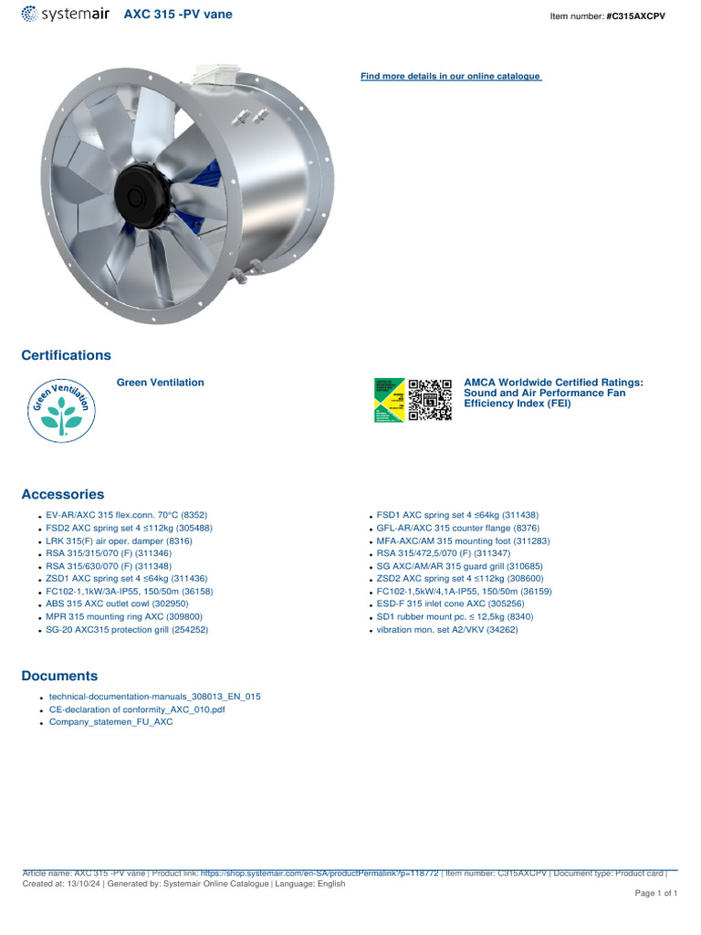 Systemair AXC 315 Axial Fan Overview | PDF | Science & Mathematics ...