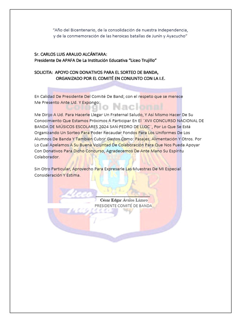 Requerimiento Apafa DONATIVOS RIFA | PDF