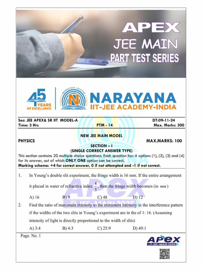 09-11-2024 - SR Iit - Jee Apex - Jee Main Model - ptm-14 - QP Final | PDF