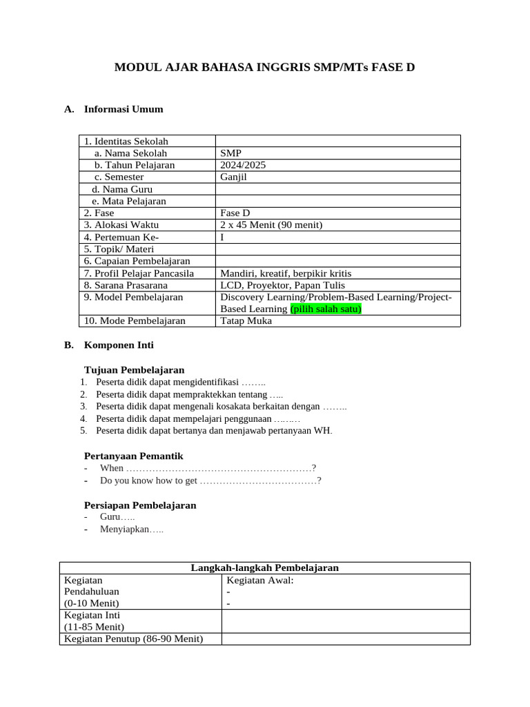 Model Modul Ajar Bahasa Inggris | PDF | Karier & Perkembangan
