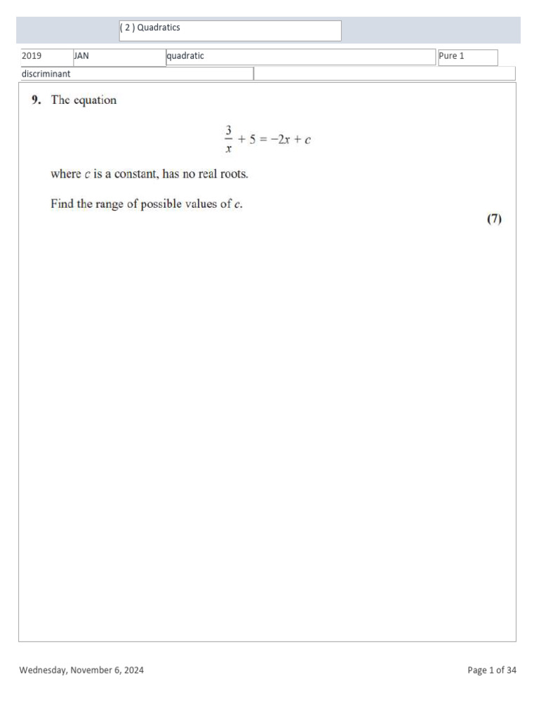 Chapter 2 Pure Mathematics 1 As Edexcel QP | PDF | Quadratic Equation | Mathematical Analysis