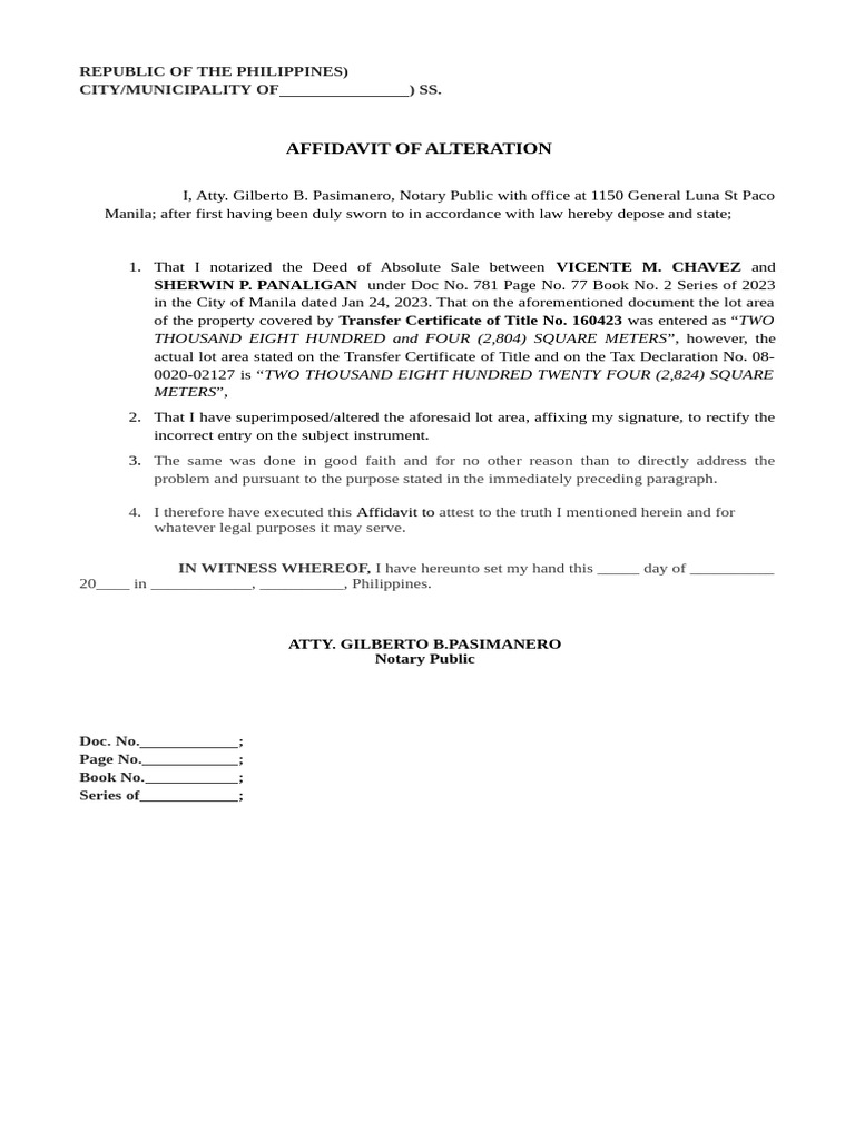 Affidavit of Alteration | PDF | Notary Public | Affidavit