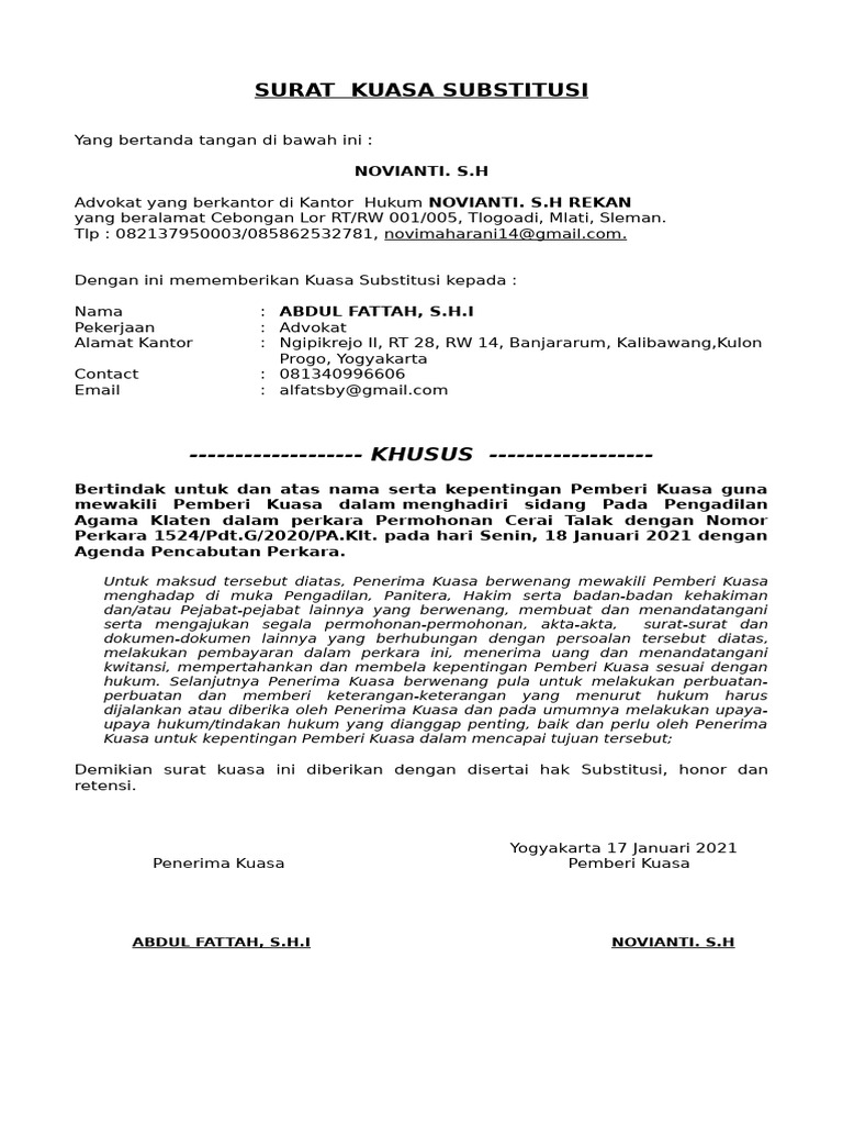 Surat Kuasa Substitusi | PDF