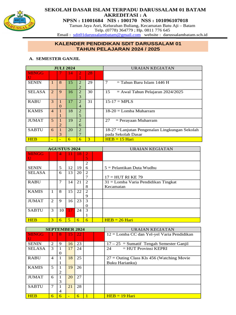 KALENDER PENDIDIKAN 2024-2025 SDIT Dar 01 | PDF