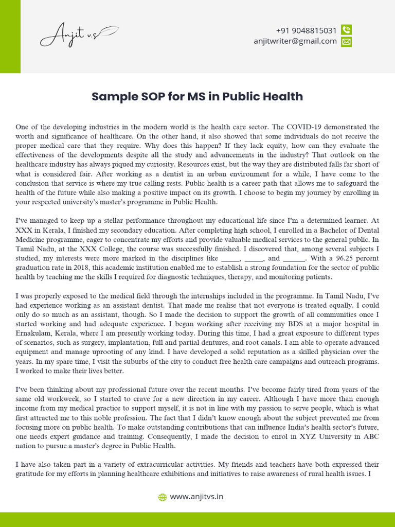 Sample SOP For MS in Public Health | PDF | Public Health | Health Care