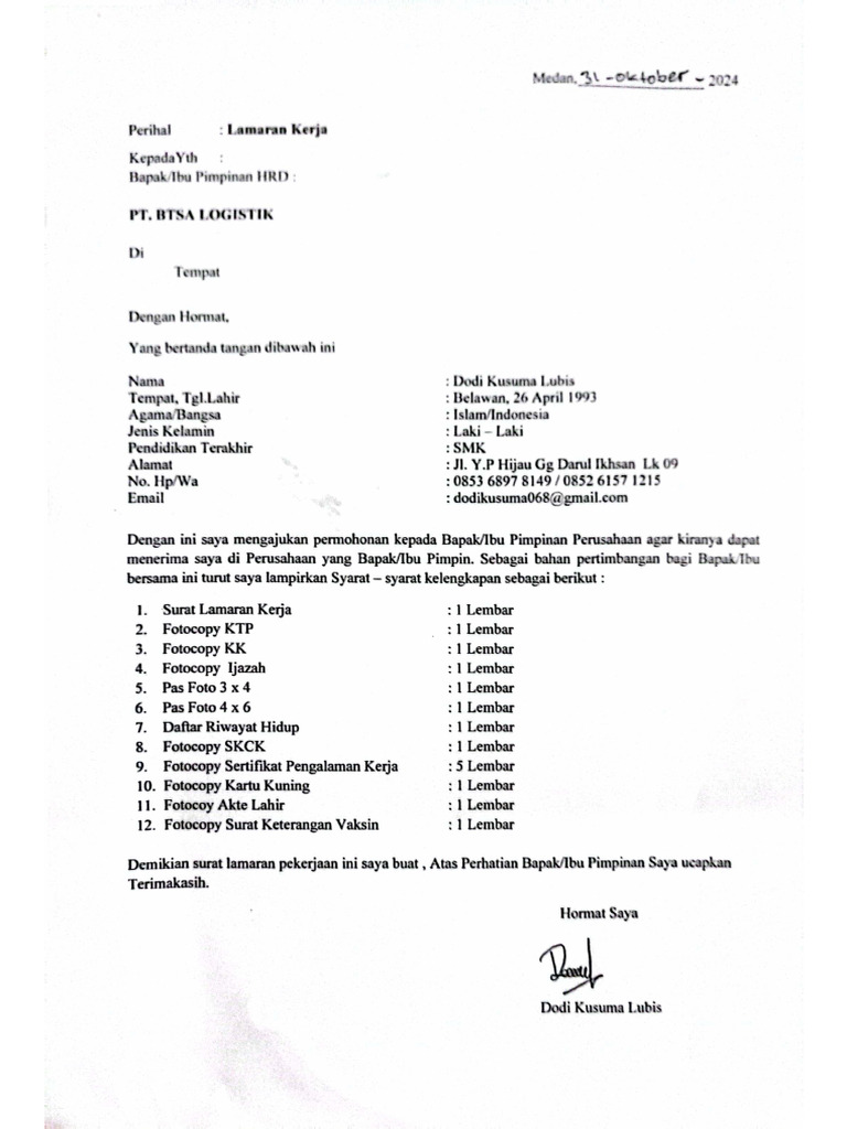 Surat Lamaran Dodi Kusuma | PDF