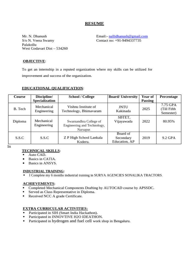 Dhanush Resume | PDF