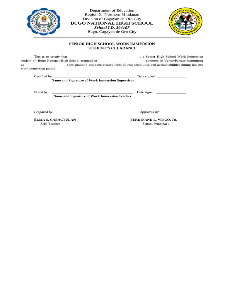 Work Immersion Clearance | PDF