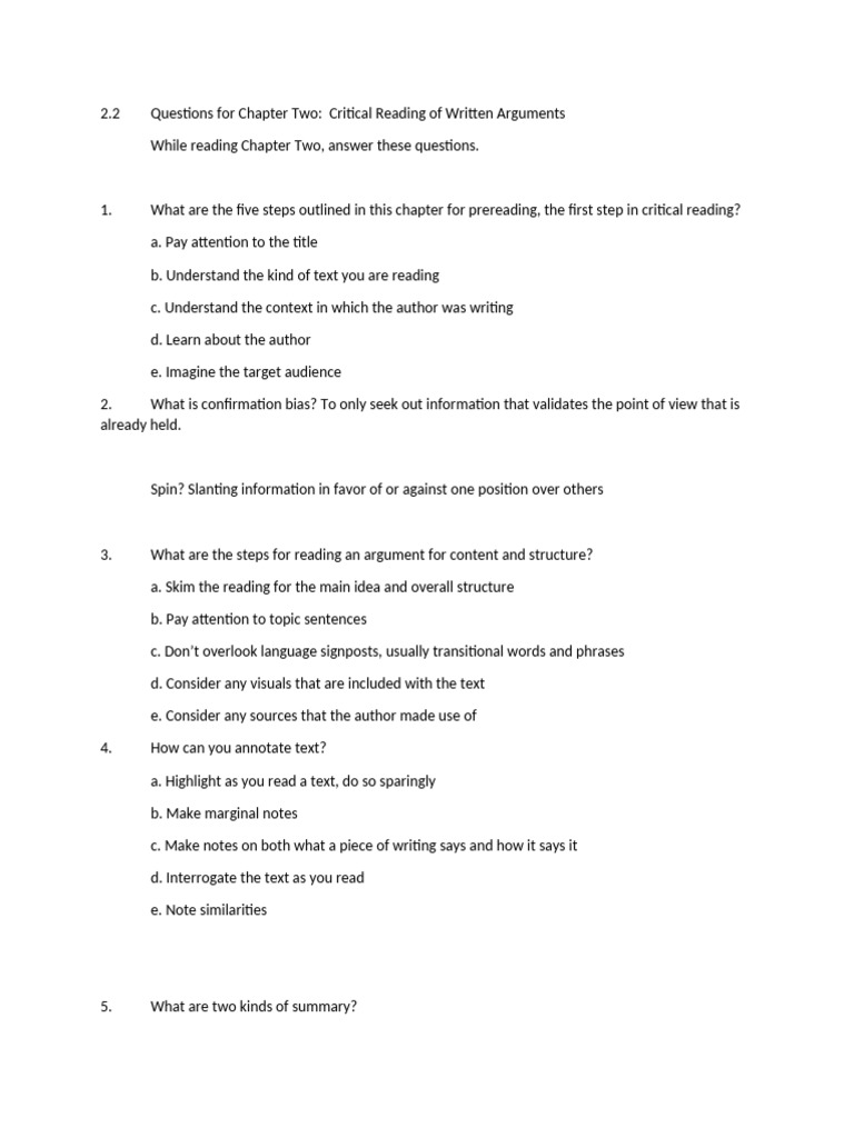 2.2 Reading Questions For Chapter Two-2 | PDF | Argument | Cognition