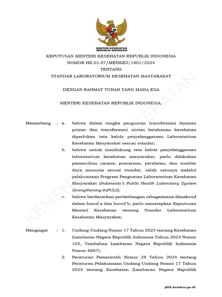 KMK No. HK.01.07-MENKES-1801-2024 TTG Standar Laboratorium Kesehatan Masyarakat-Signed | PDF ...