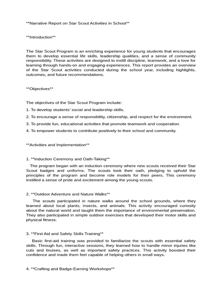 Narrative Report On Star Scout Activities in School | PDF | Team ...