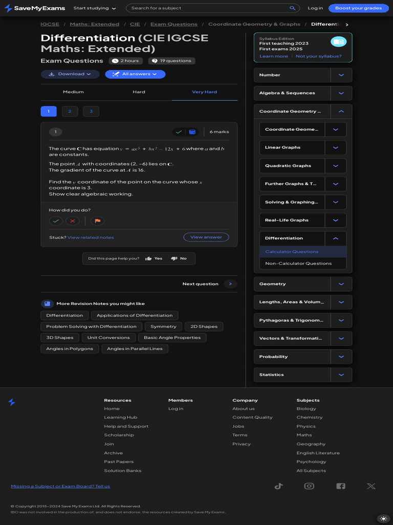 Differentiation Cie Igcse Maths Extended Exam Questions 2025 Pdf Mathematics Geometry