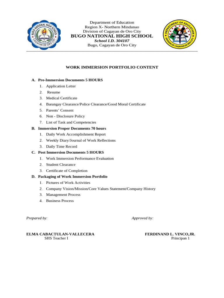 Work Immersion Portfolio Content | PDF