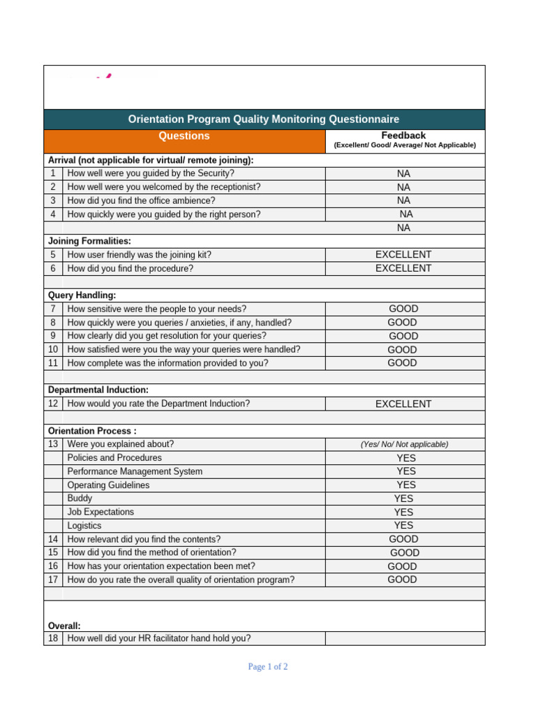 Orientation Program Quality Monitoring Questionnaire | PDF | Career ...