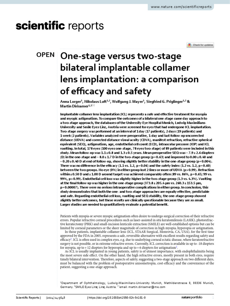 One Stage Versus Two Stage Bilateral Implantable Collamer Lens ...