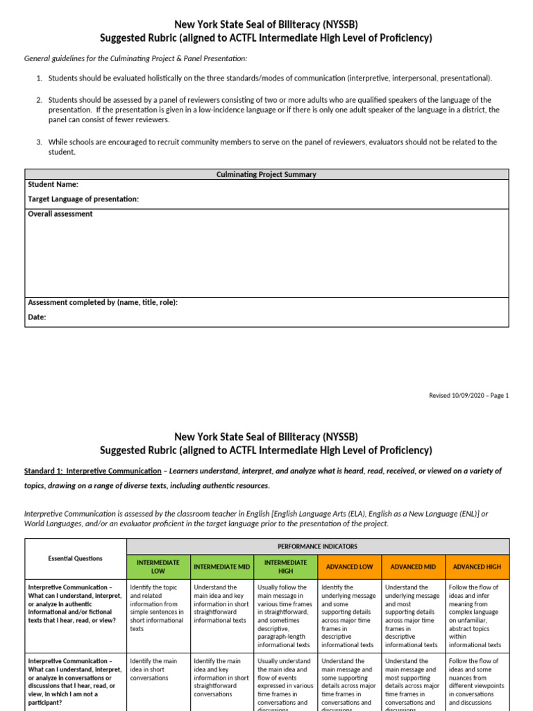 Nyssb Culminating Project Rubric Standard Size | PDF | Communication ...