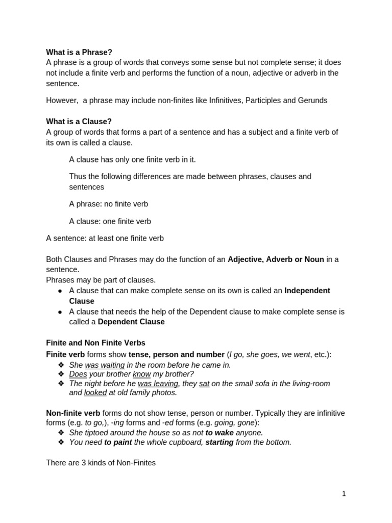 Handout Clauses and Phrases class 11 | PDF | Verb | Clause