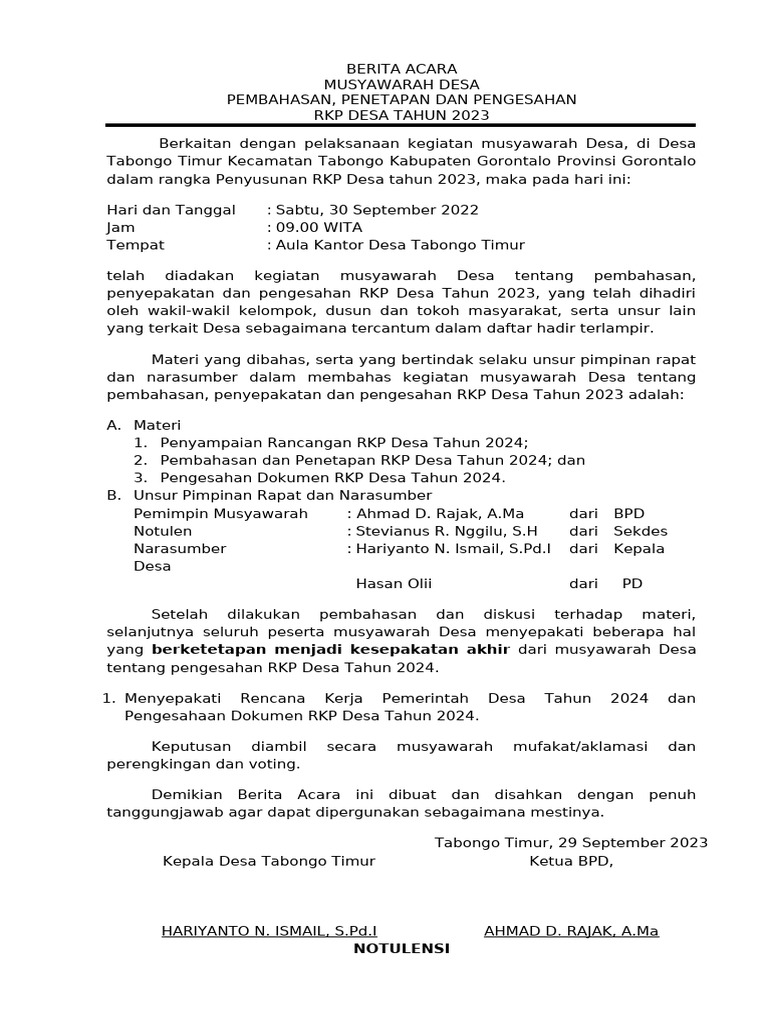 BA, Musdes Pengesahan RKP Desa 2024 | PDF
