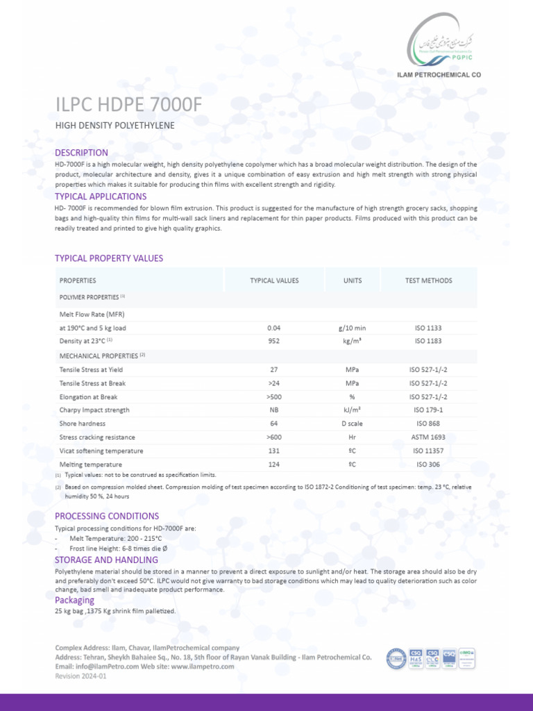 ILPC HDPE 7000F Technical Data Sheet V.2 | PDF | Polyethylene | Applied ...