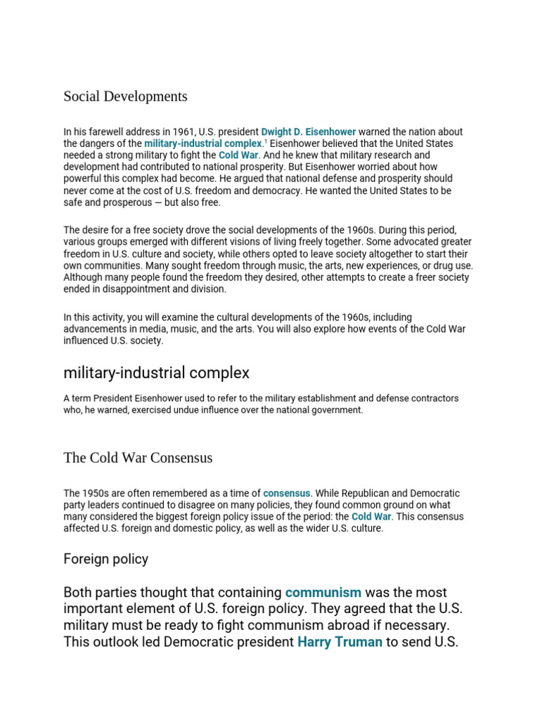 U.S. History Sem 2 Unit 3 Post War Years To The Cold War | PDF | Hippie ...