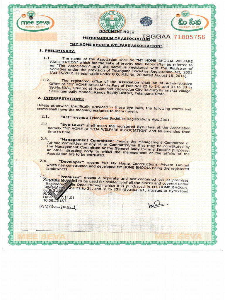 My Home Bhooja Welfare Association Memorandum | PDF | Securities (Finance)