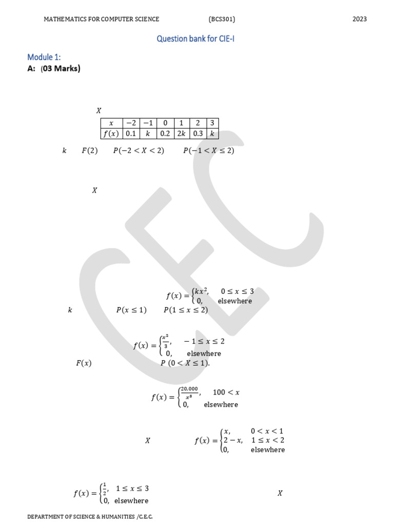 BCS301 - CIE I-Question Bank | PDF | Random Variable | Probability ...