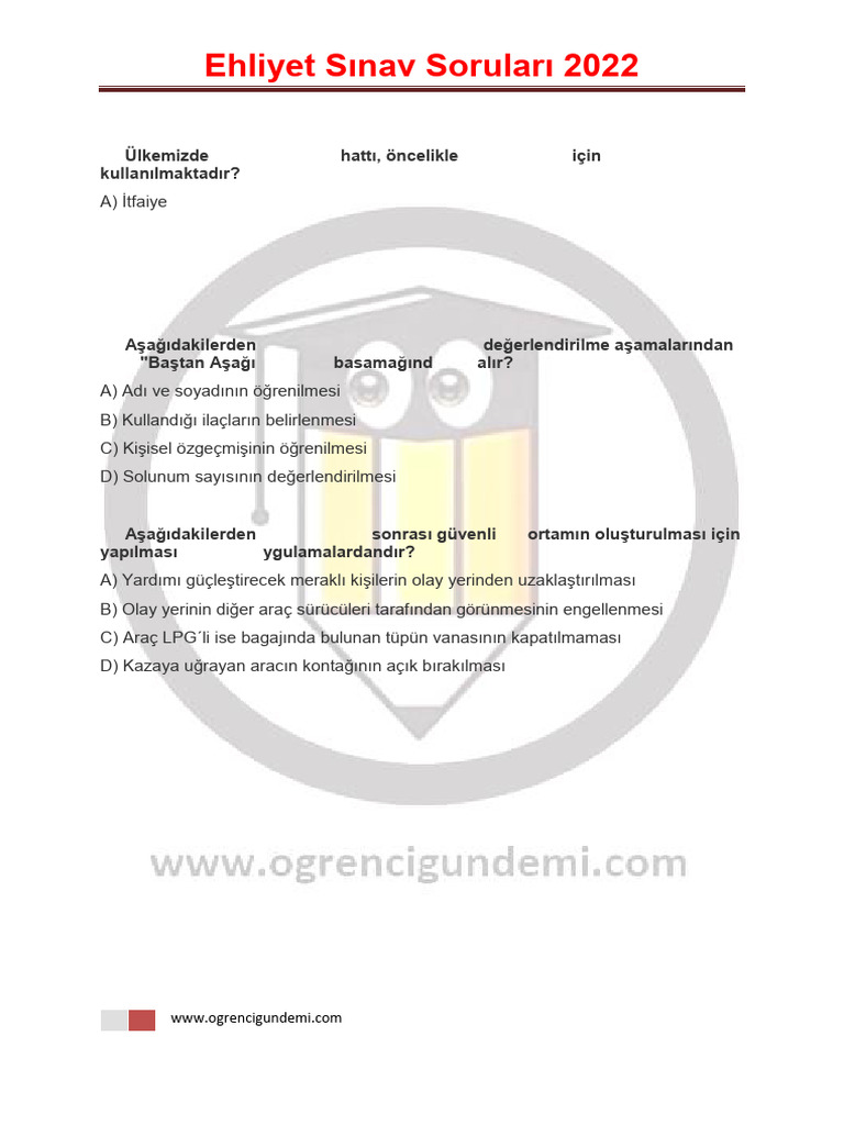 Ehliyet Sınav Soruları 2022-1 | PDF