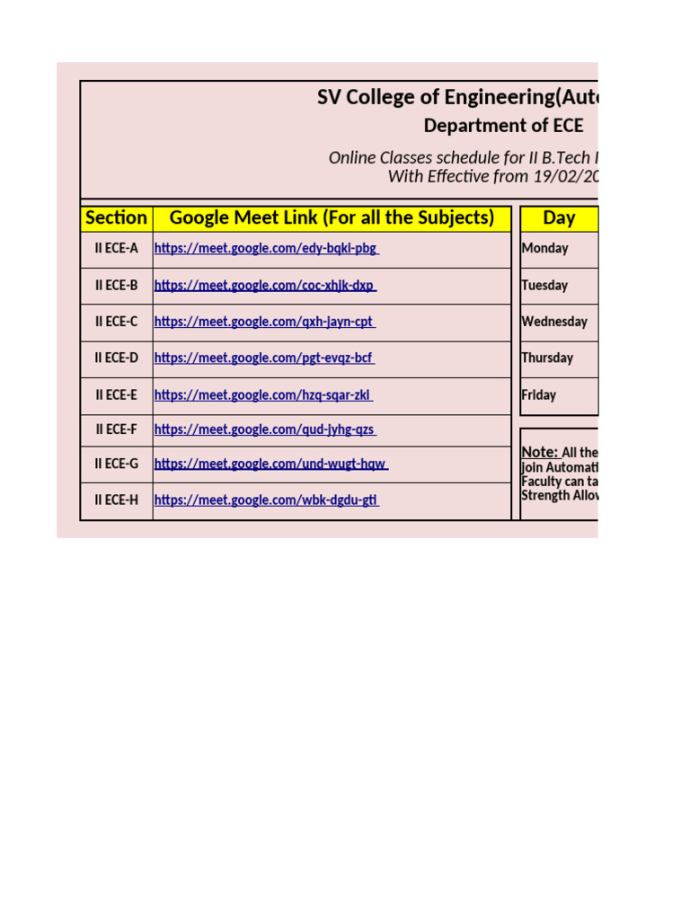 II Year (2022-26) II Sem ECE Online Classes Schedule. | PDF | Technology & Engineering