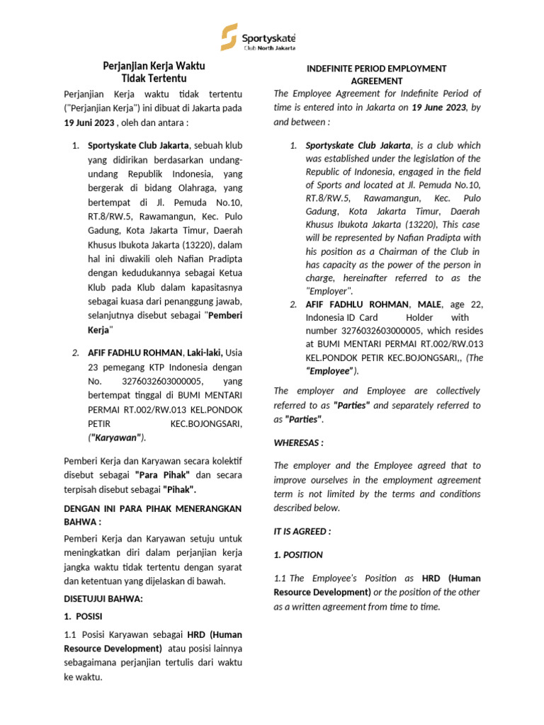Perjanjian Kerja - Afif | PDF